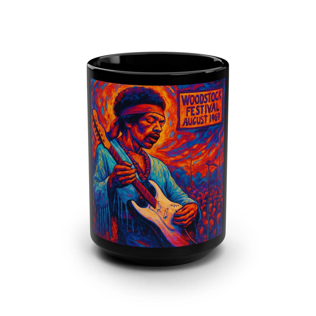 Jimi Hendrix Tribute Mug | Black 15oz Woodstock Festival Coffee Cup - Etsy