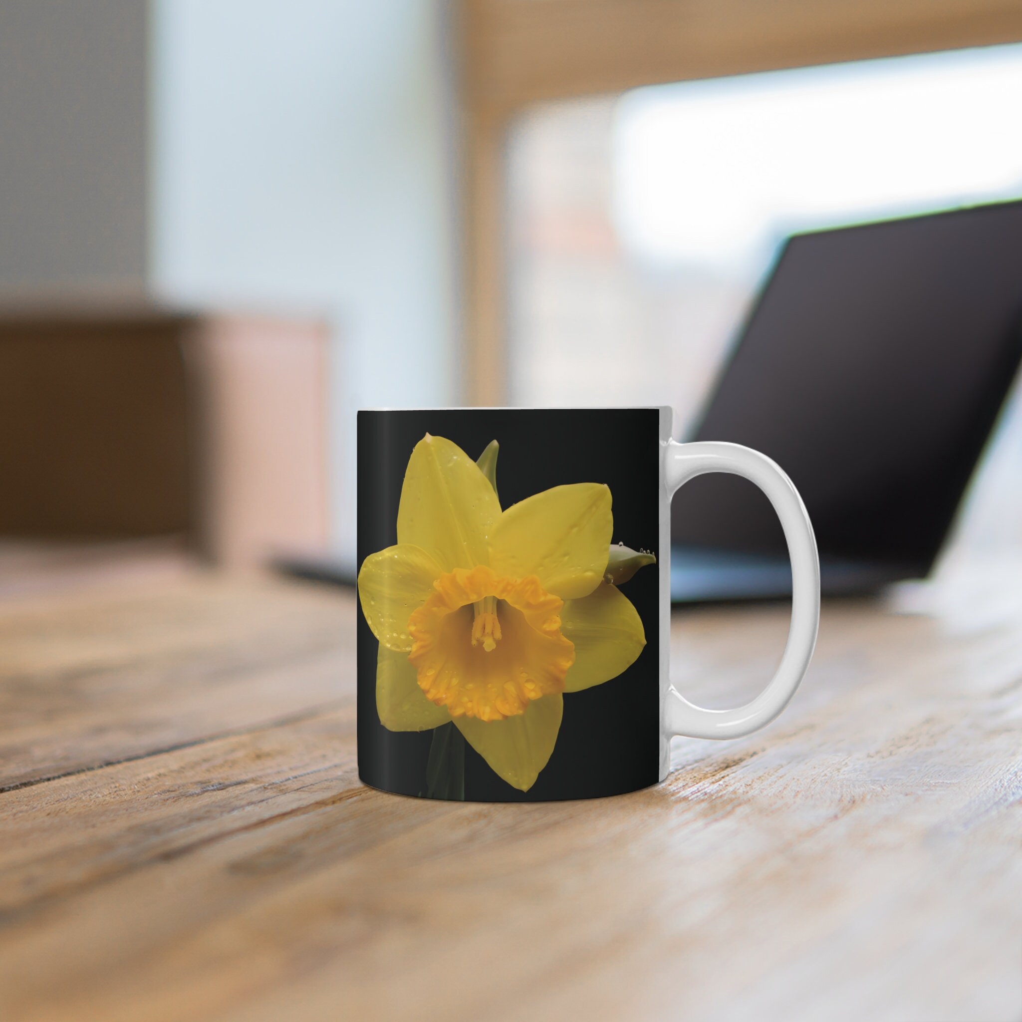 Mug 11oz, Yellow Flower Mug, Black Background, Nature-inspired, Floral ...