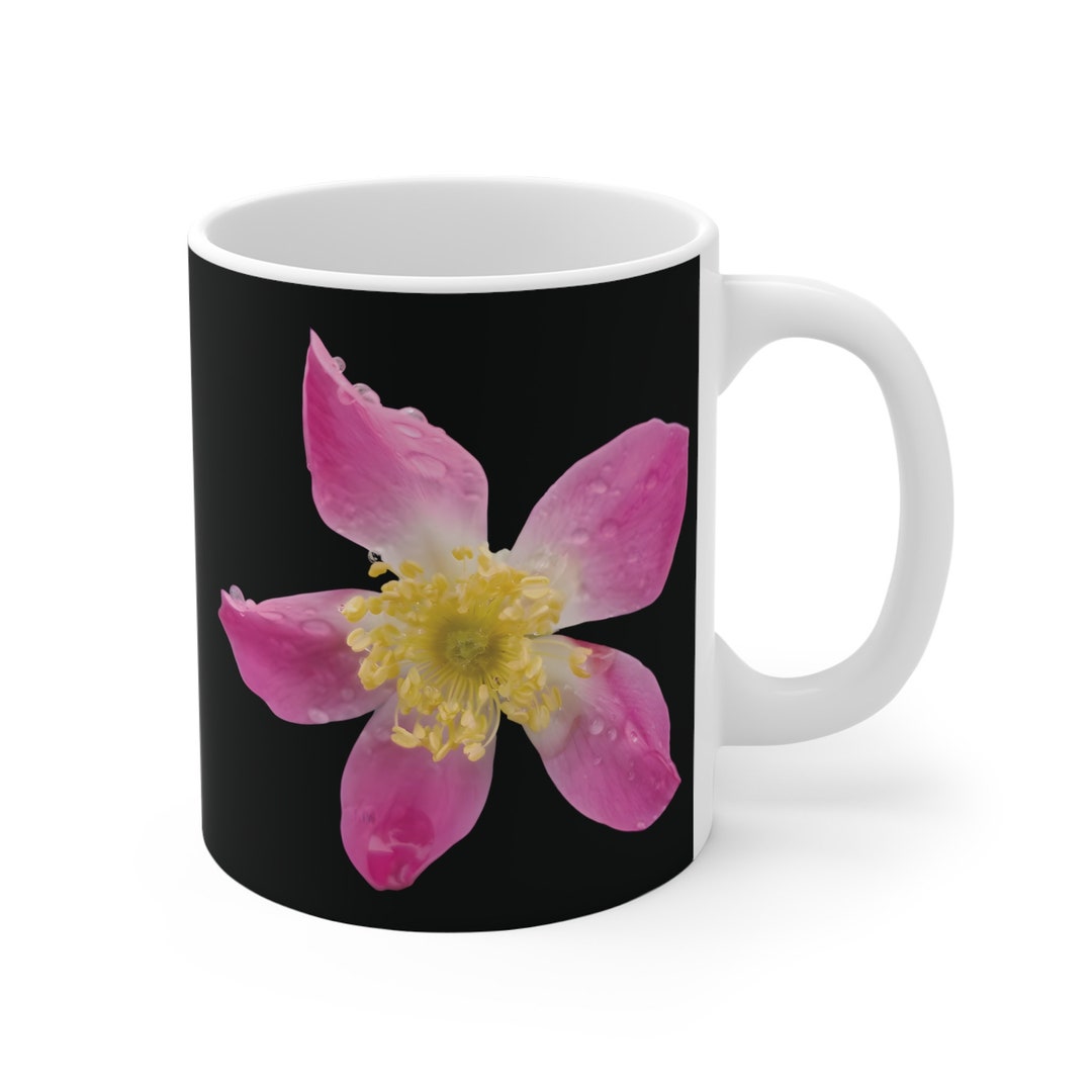 Mug 11oz, Pink Flower Mug, Black Background, Nature-inspired, Floral ...
