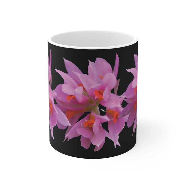 Mug 11oz, Pink Flower Mug, Black Background, Nature-inspired, Floral ...