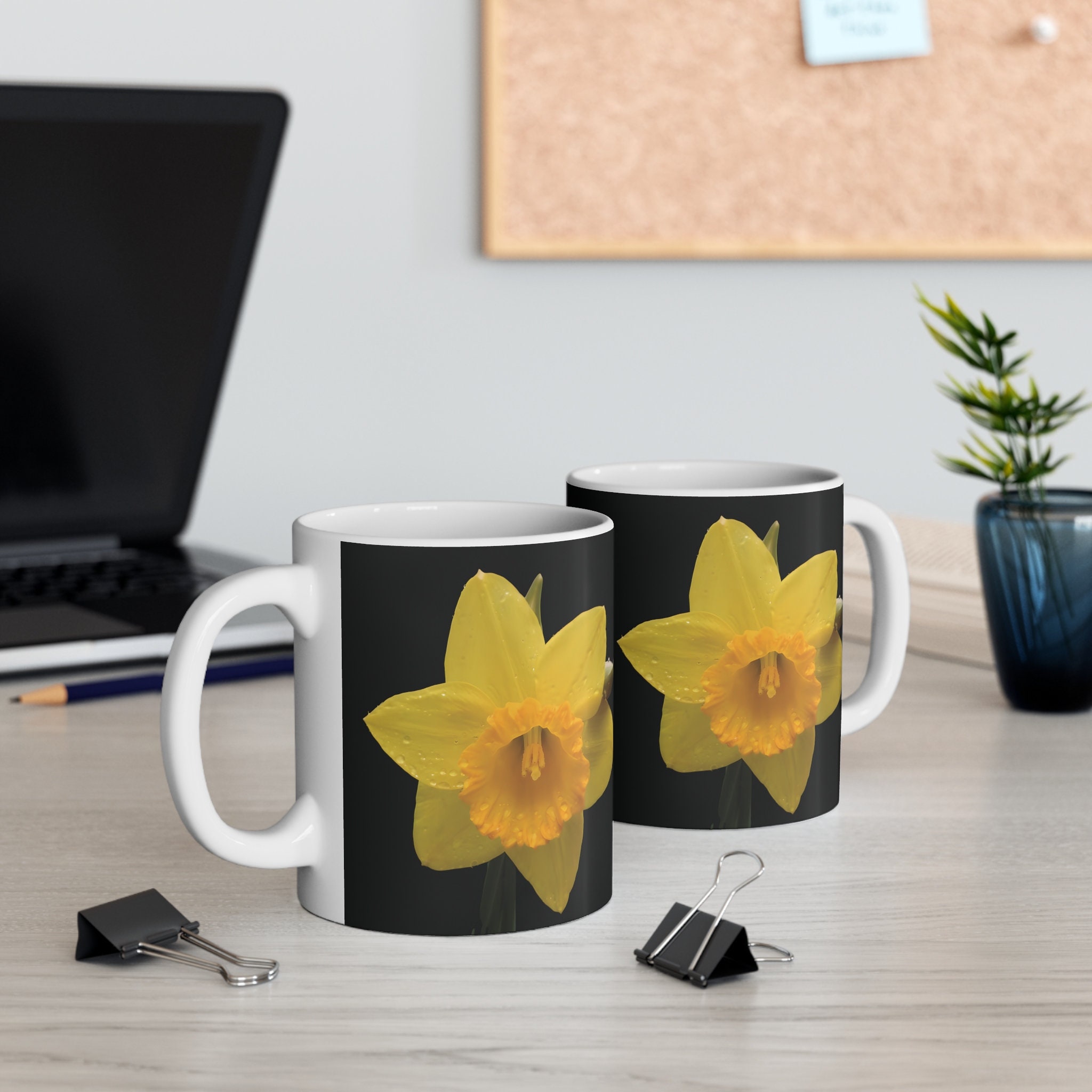 Mug 11oz, Yellow Flower Mug, Black Background, Nature-inspired, Floral ...