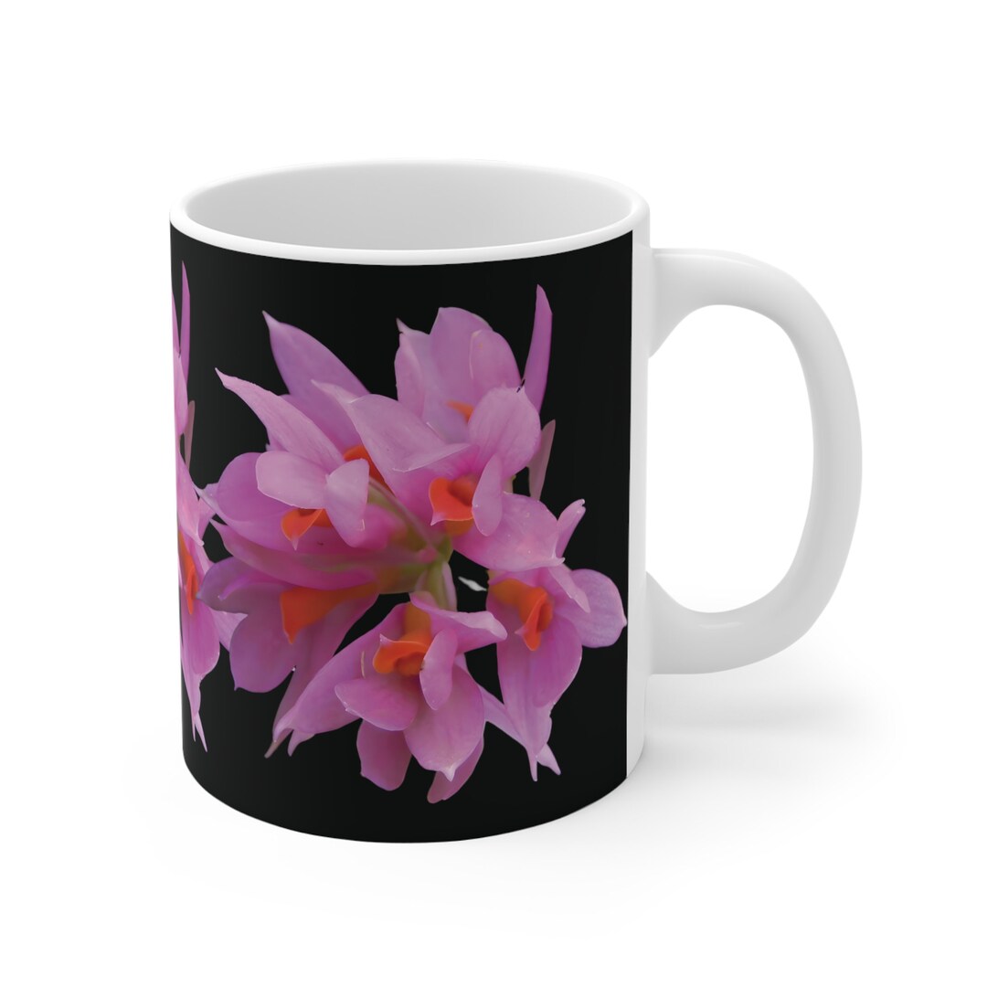 Mug 11oz, Pink Flower Mug, Black Background, Nature-inspired, Floral ...