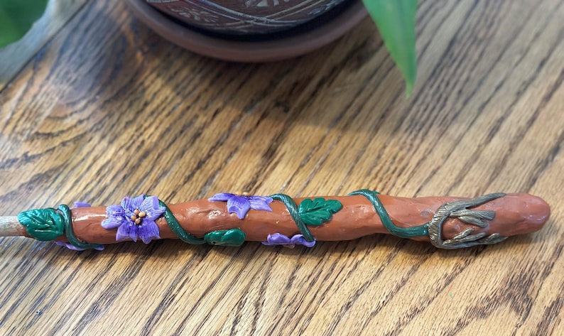 Purple Petals Crystal Wand: Handcrafted Polymer Clay & Wood - Etsy