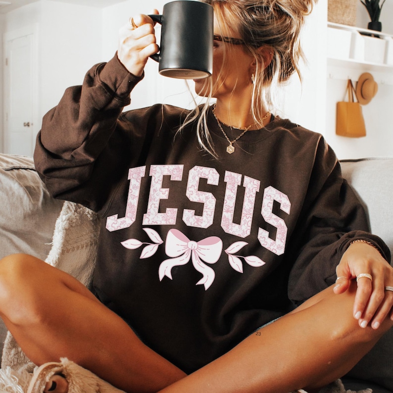 Coquette Christian Pink Bow Sweatshirt: Girly Jesus Crewneck for Women ...