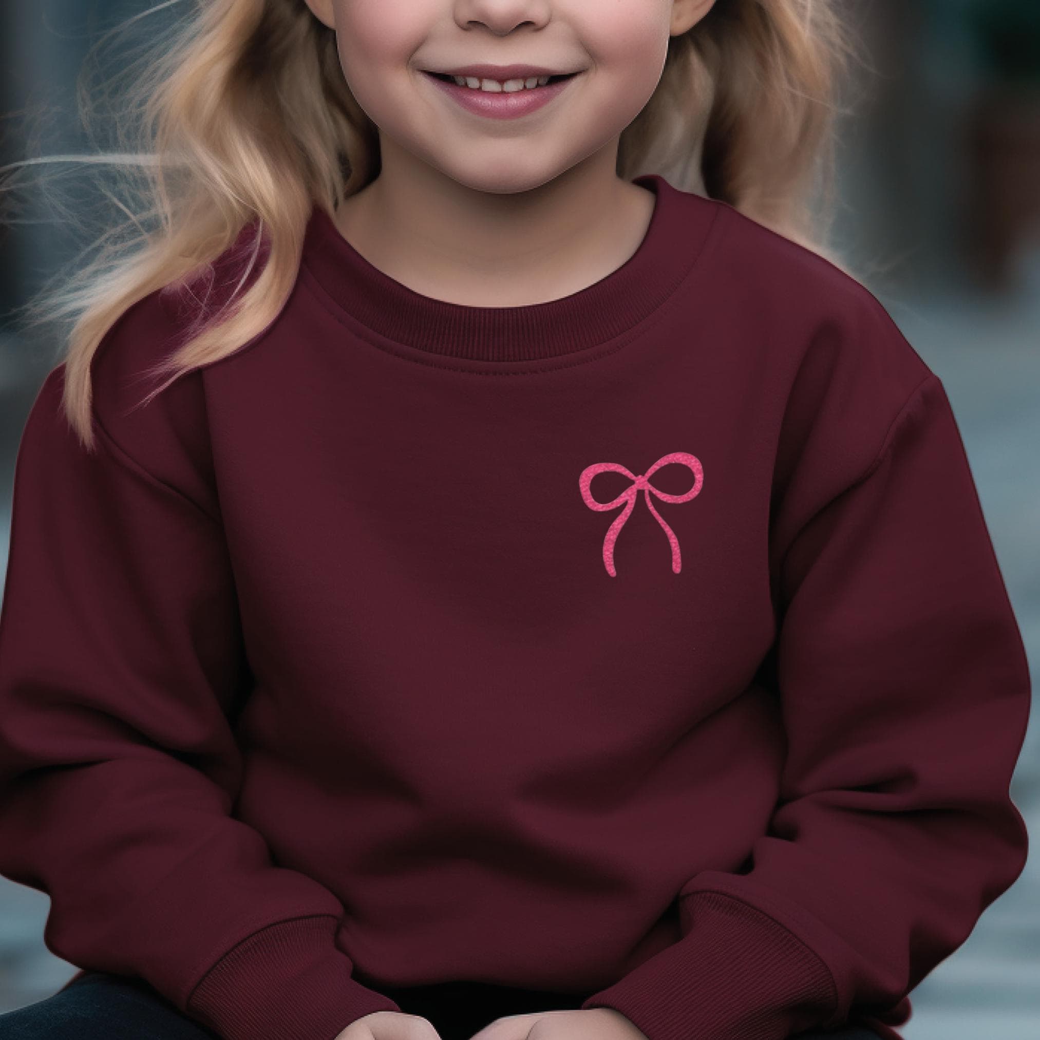 Embroidered Kids Coquette Pink Bow Crewneck Sweatshirt, Youth Cute Pink ...