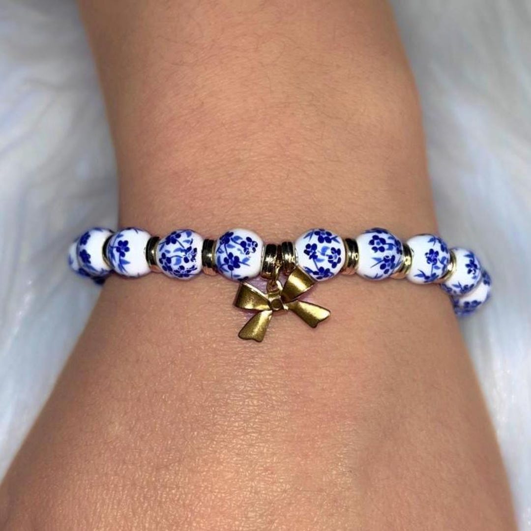 Coquette Bow Bracelet: Blue Toile Chinoiserie, Handmade Jewelry - Etsy