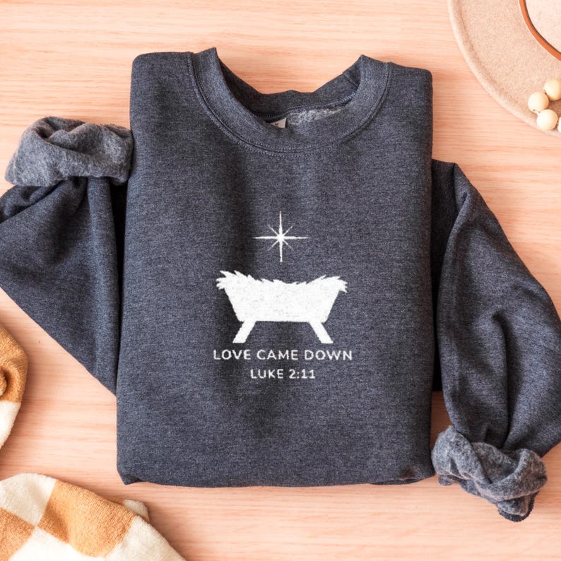 Embroidered Nativity Scene Christmas Sweatshirt: Christian Bible Verse ...