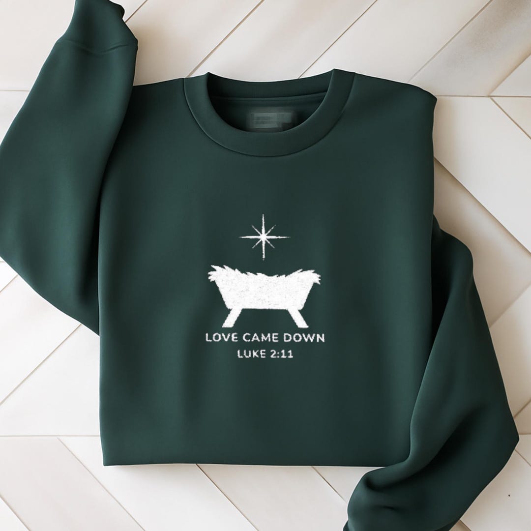 Embroidered Nativity Scene Christmas Sweatshirt: Christian Bible Verse ...