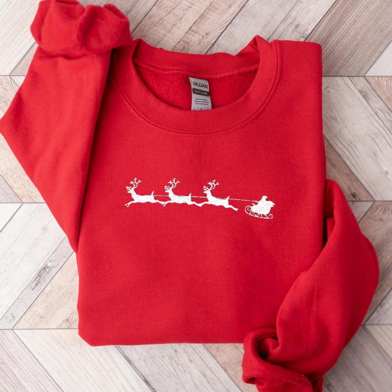 Embroidered Santa Sleigh Christmas Sweatshirt: Festive Holiday Crewneck ...