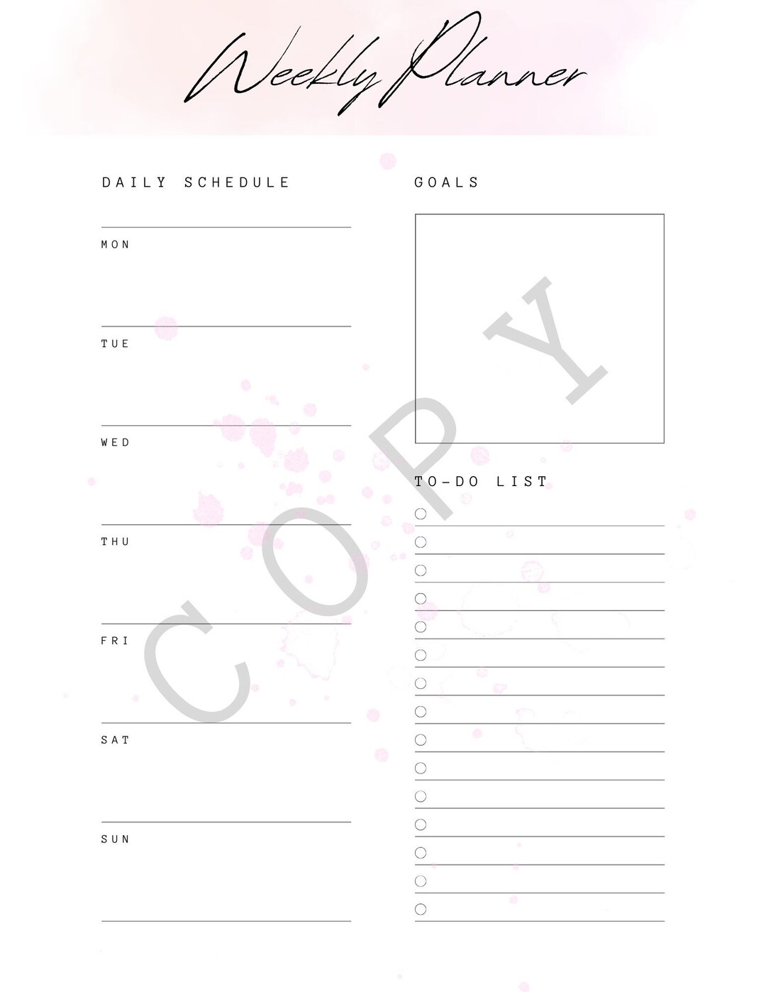 Pink Watercolor Weekly Planner Page - Etsy