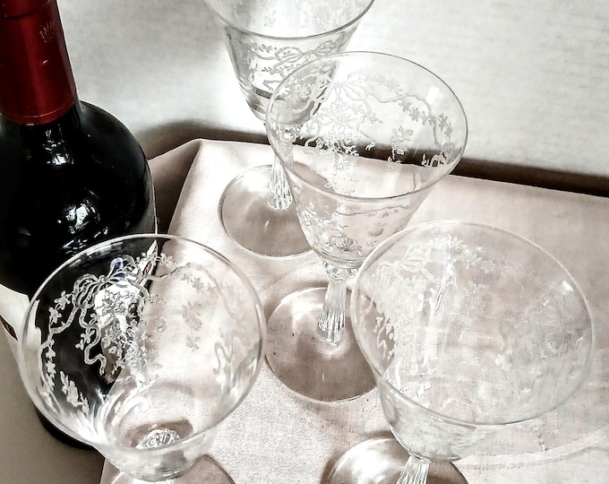 Set of Four 70 Year Old Fostoria Etched Claret Glasses, Romance Pattern ...