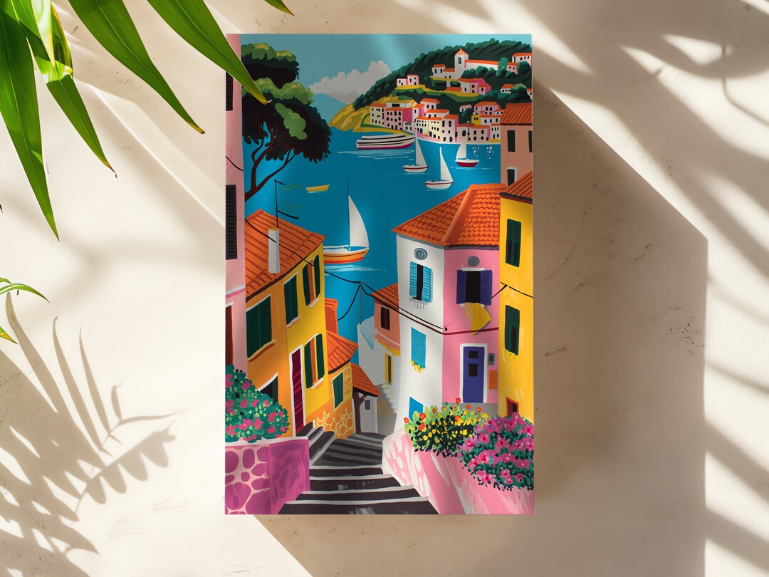 Naive Art Vibrant Gouache Painting Colorful Houses & Boats Ultrafine ...