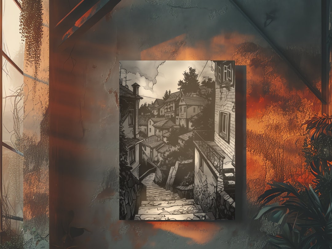 European Ink Art Narrow Street Scene Comic Book Panel Intricate Inking ...