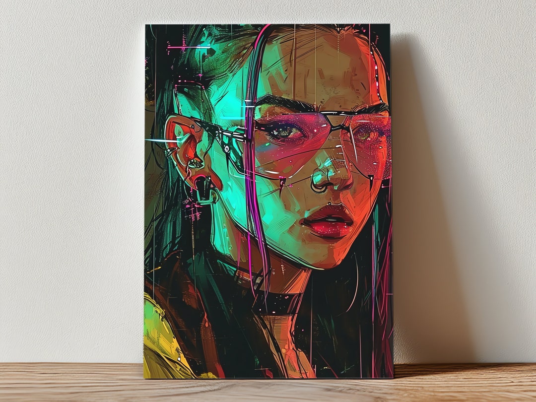 Cyberpunk Girl Portrait Canvas Stunning Digital Art Woman in Glasses ...