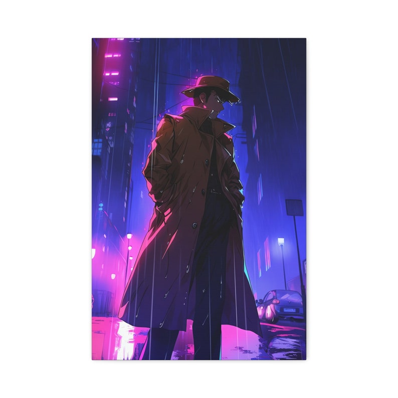 Neo-noir Cyberpunk Trench Coat Man Rainy Canvas Art Neon Cityscape ...