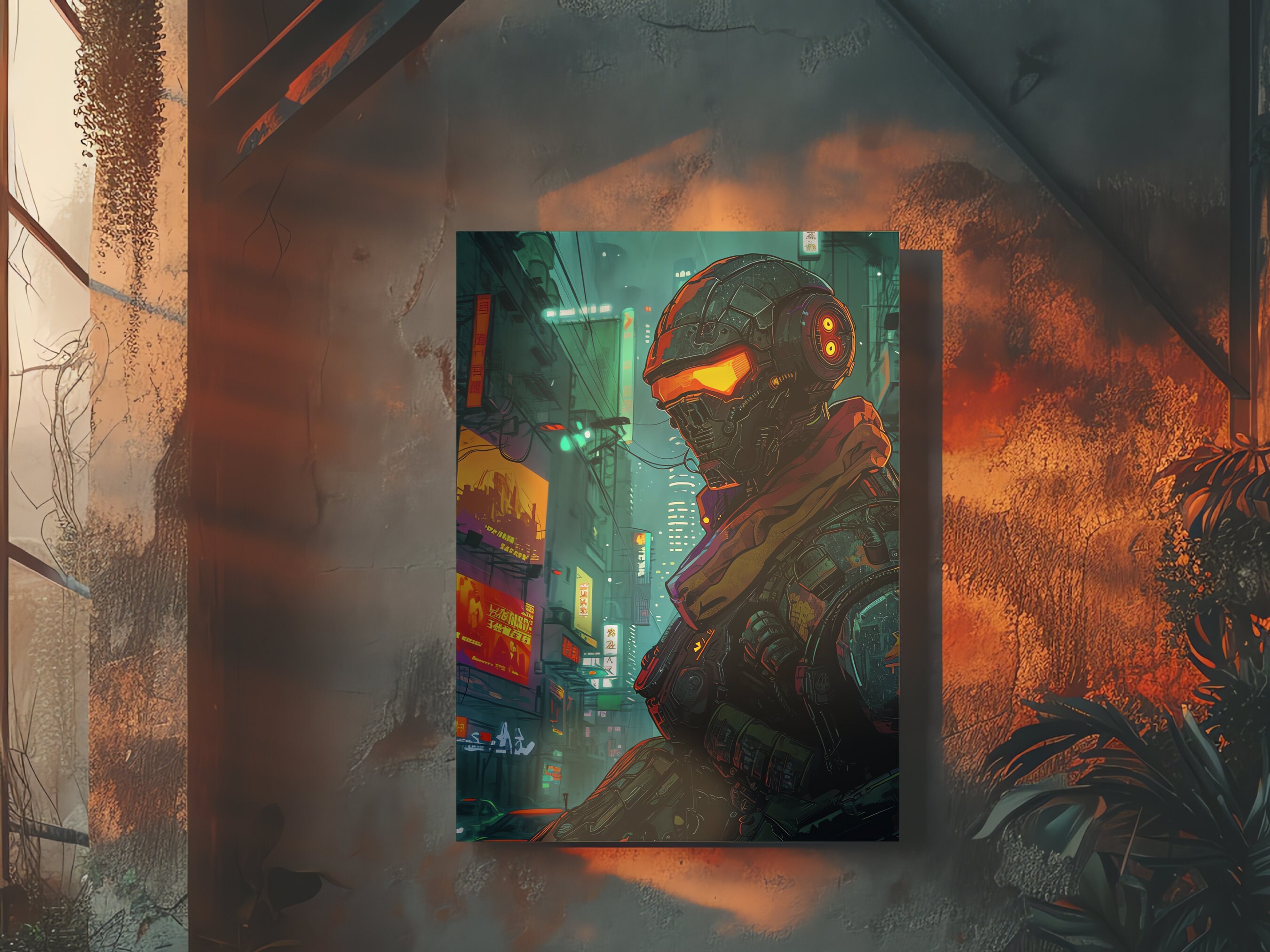 Cyberpunk Samurai Soldier Canvas Art Retrofuturism City Street Master ...