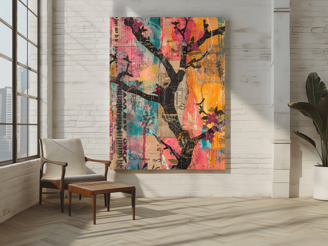 Folk Art Tree Birds HD Painting Mixed Media Collage Canvas Art Contest ...