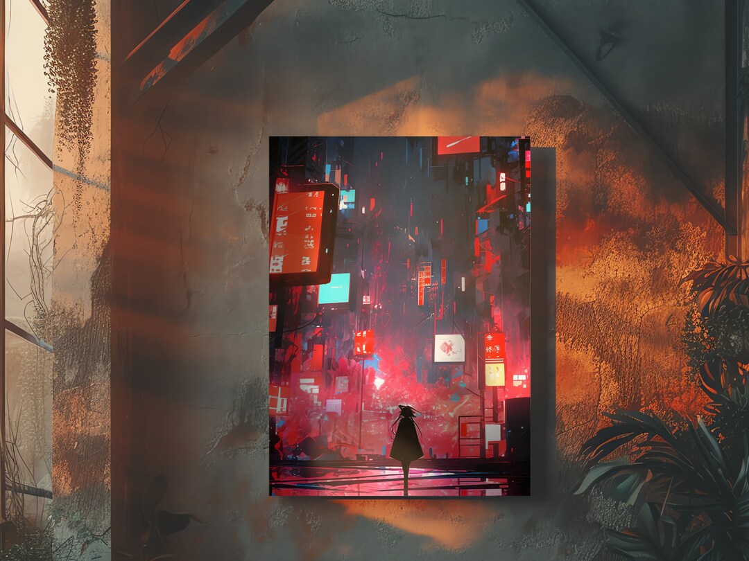 Cyberpunk Anime Cityscape Night Canvas Art X4 Neo Figurative Style ...