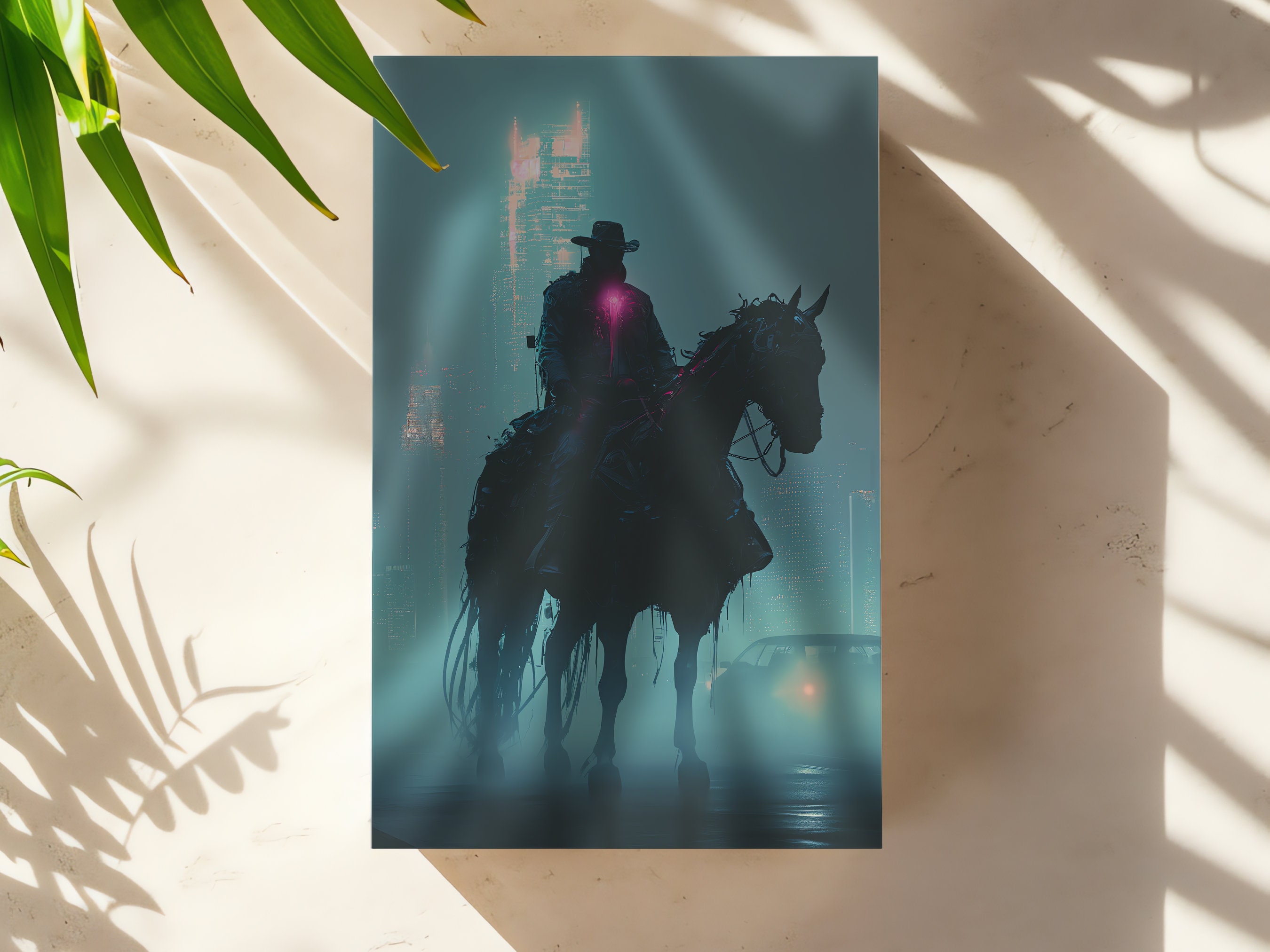 Cyberpunk Western Cityscape Canvas Post-apocalyptic Horse Rider ...