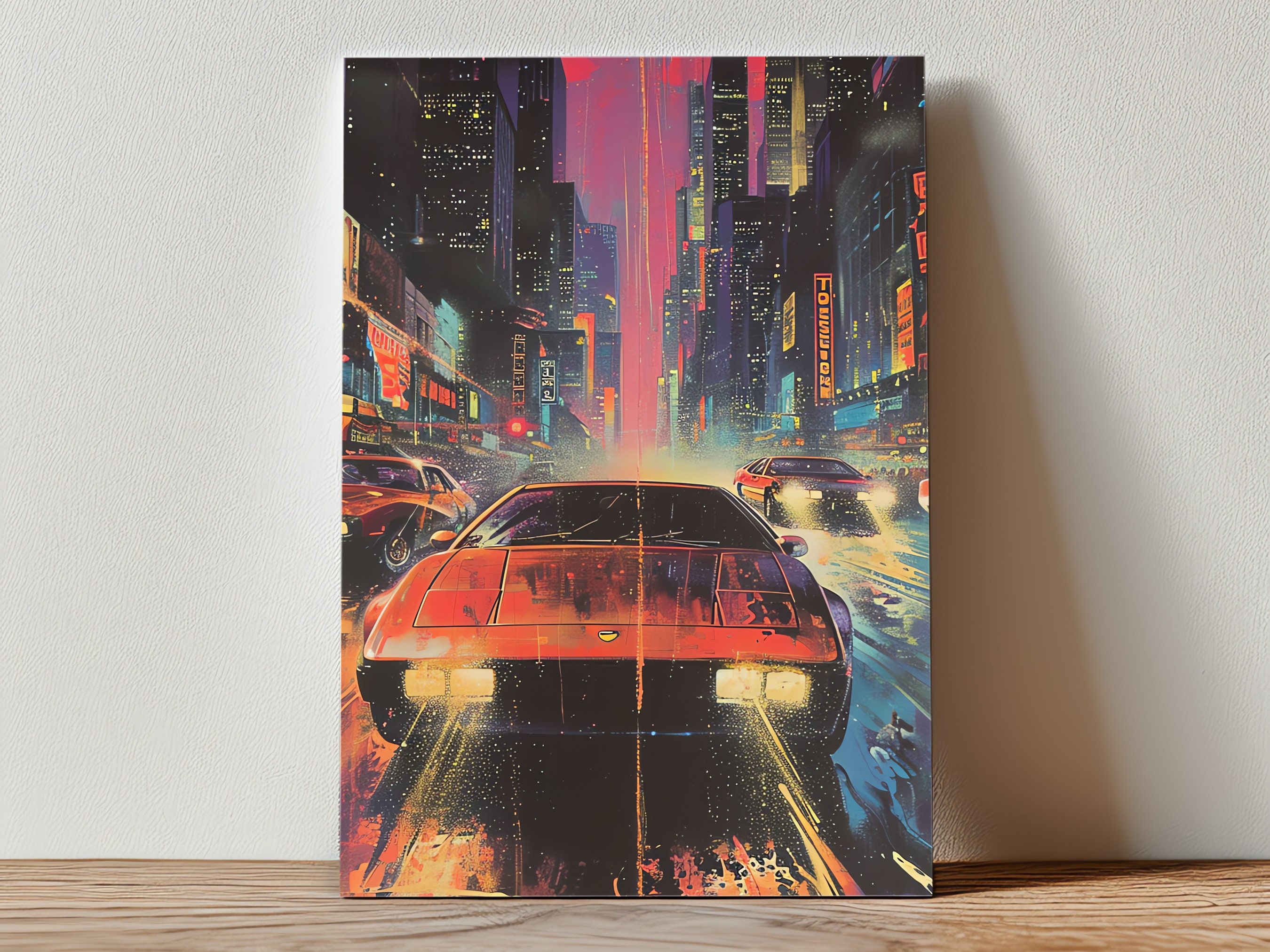 Cyberpunk Car City Canvas Retrofuturism 80s Art Outrun Delorean ...