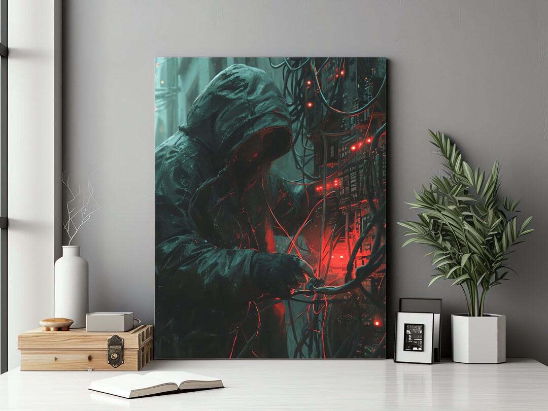 Cyberpunk Canvas Art: Hooded Figure Wiring Biopunk Imagery Detailed ...