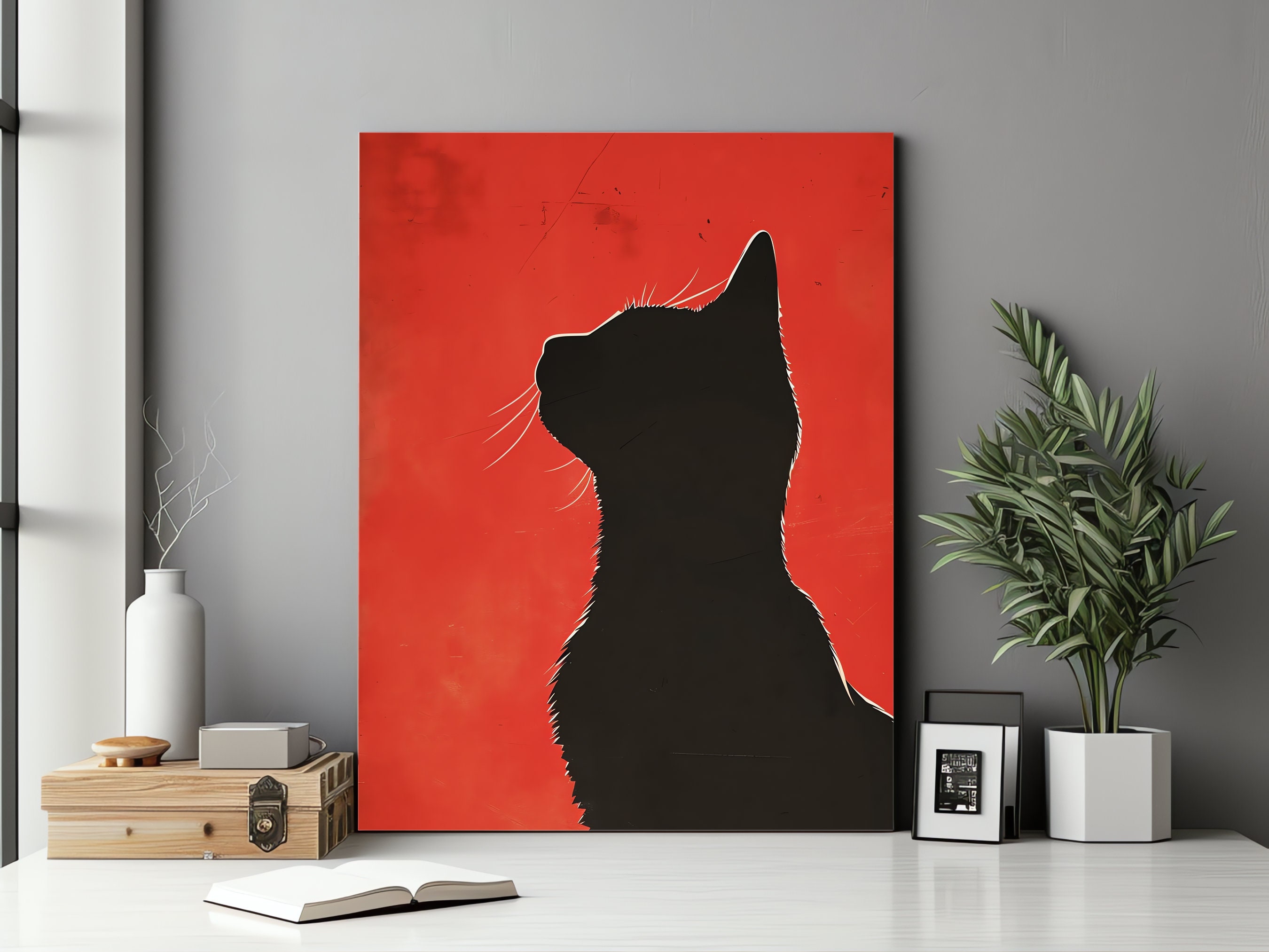 Black Cat Silhouette Red Background Sots Art Inspired Canvas ...
