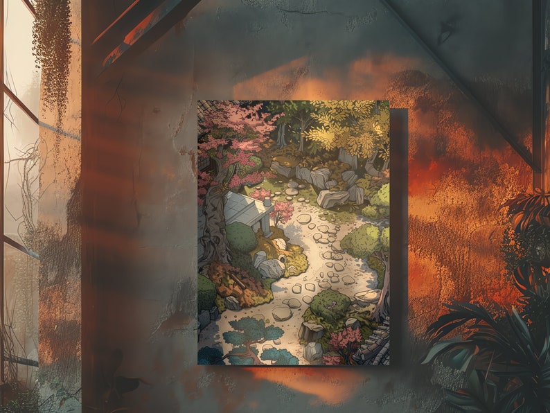 Isometric Zen Garden Canvas Detailed Background Art Tree & Rock ...