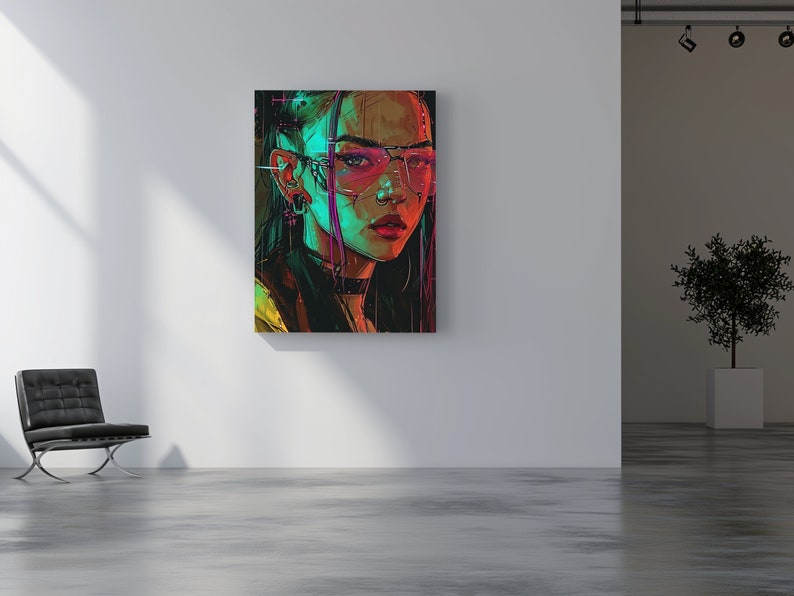 Cyberpunk Girl Portrait Canvas Stunning Digital Art Woman in Glasses ...