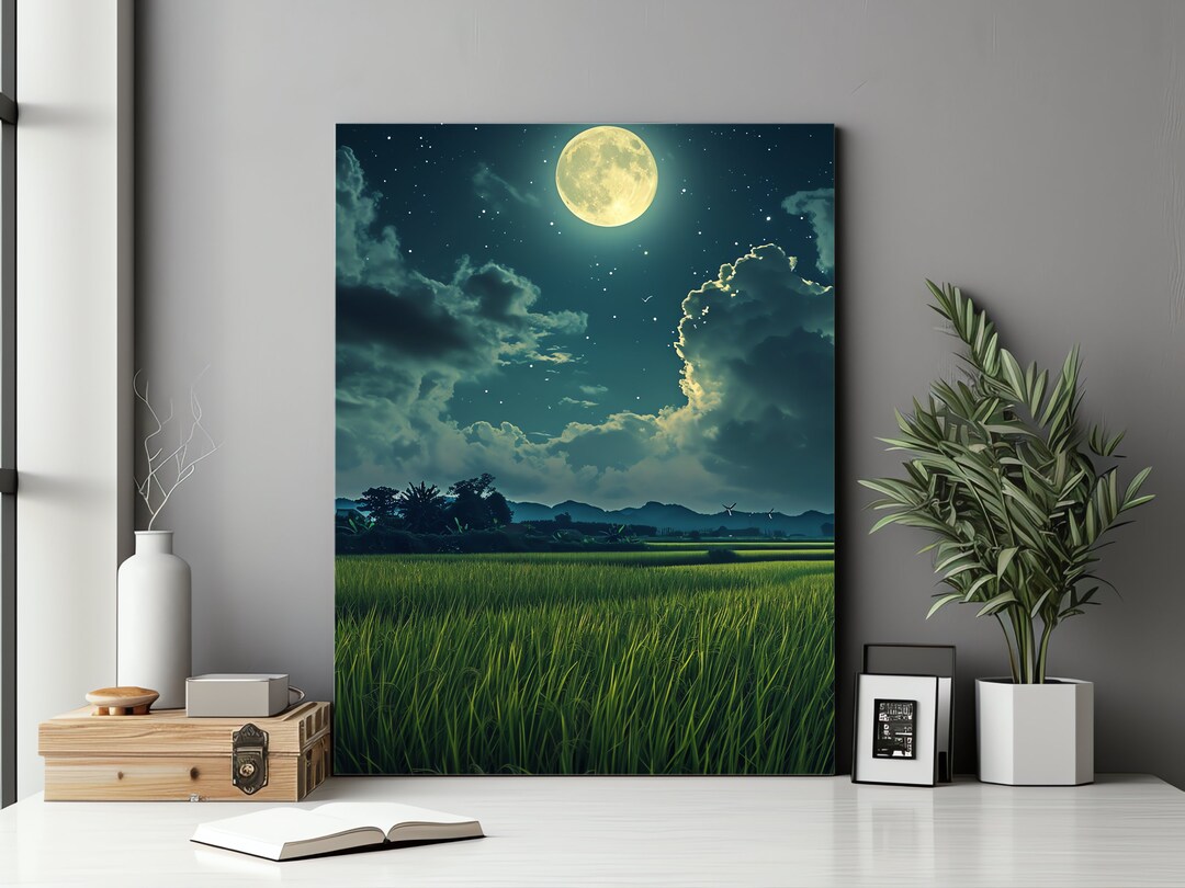 Night Landscape Canvas Full Moon Sky Art Grass Field Scenery Matte Painting Naturalism Night Sky ...
