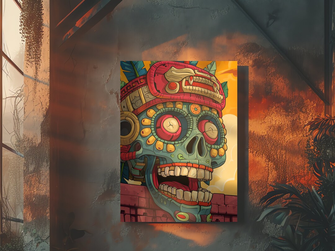 Vibrant Aztec Skull Headdress Canvas Psychedelic Artwork High Detail ...