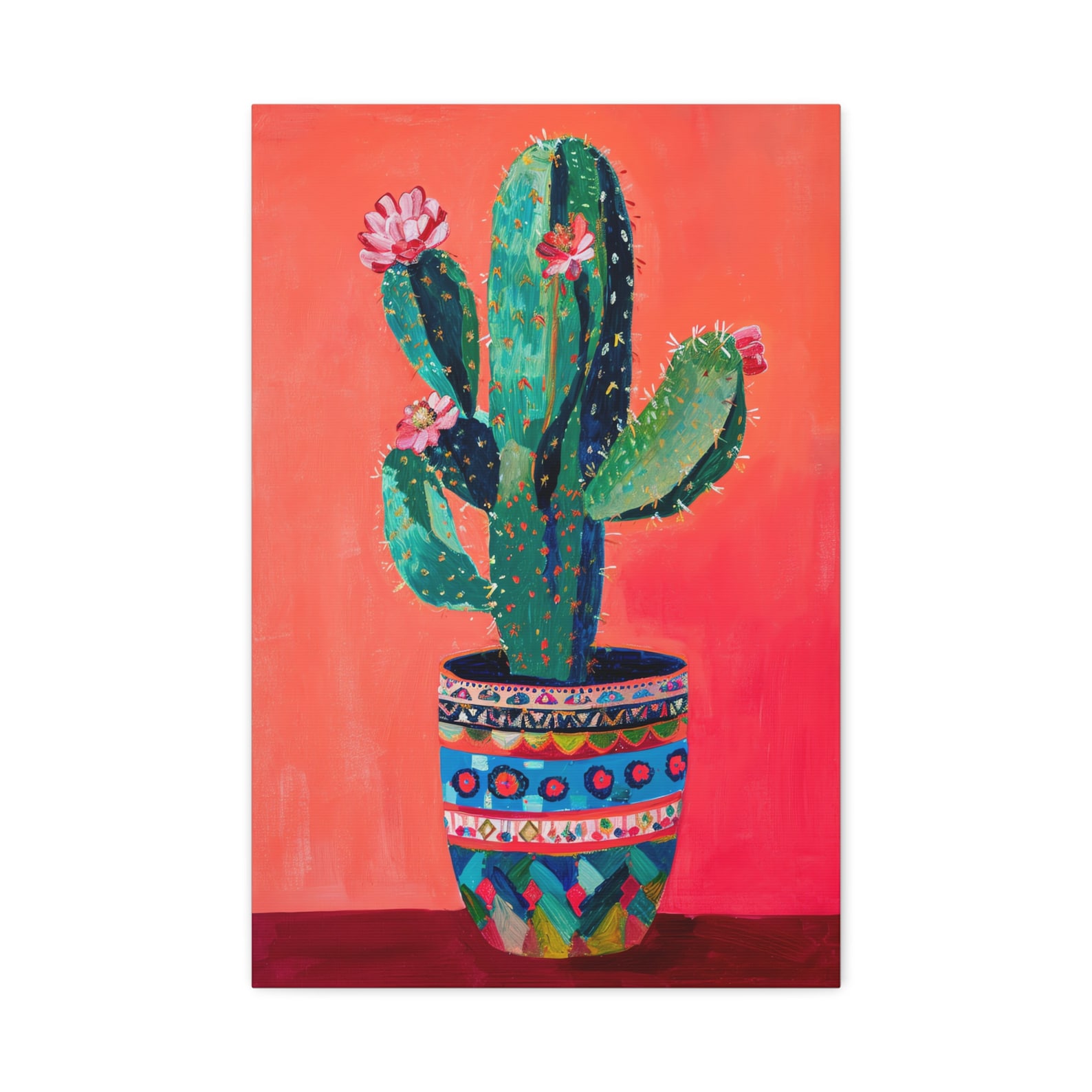 Mexican Folk Art Acrylic Cactus Painting Vibrant Canvas Art Detailed ...