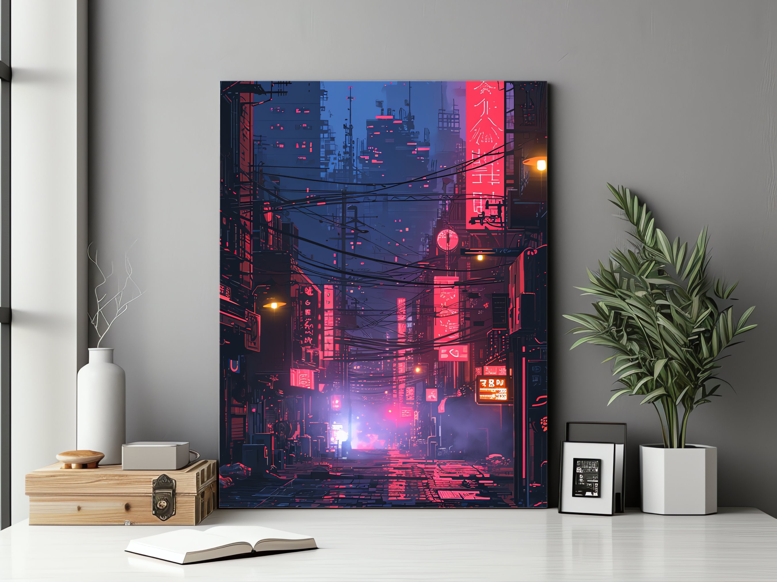 Cyberpunk Neon City Street Canvas Art Retrofuturistic Glow Sign Decor ...
