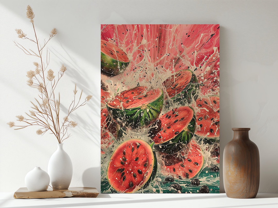 Watermelon Splash Watercolor Art Kinetic Pointillism Gouache Realistic ...