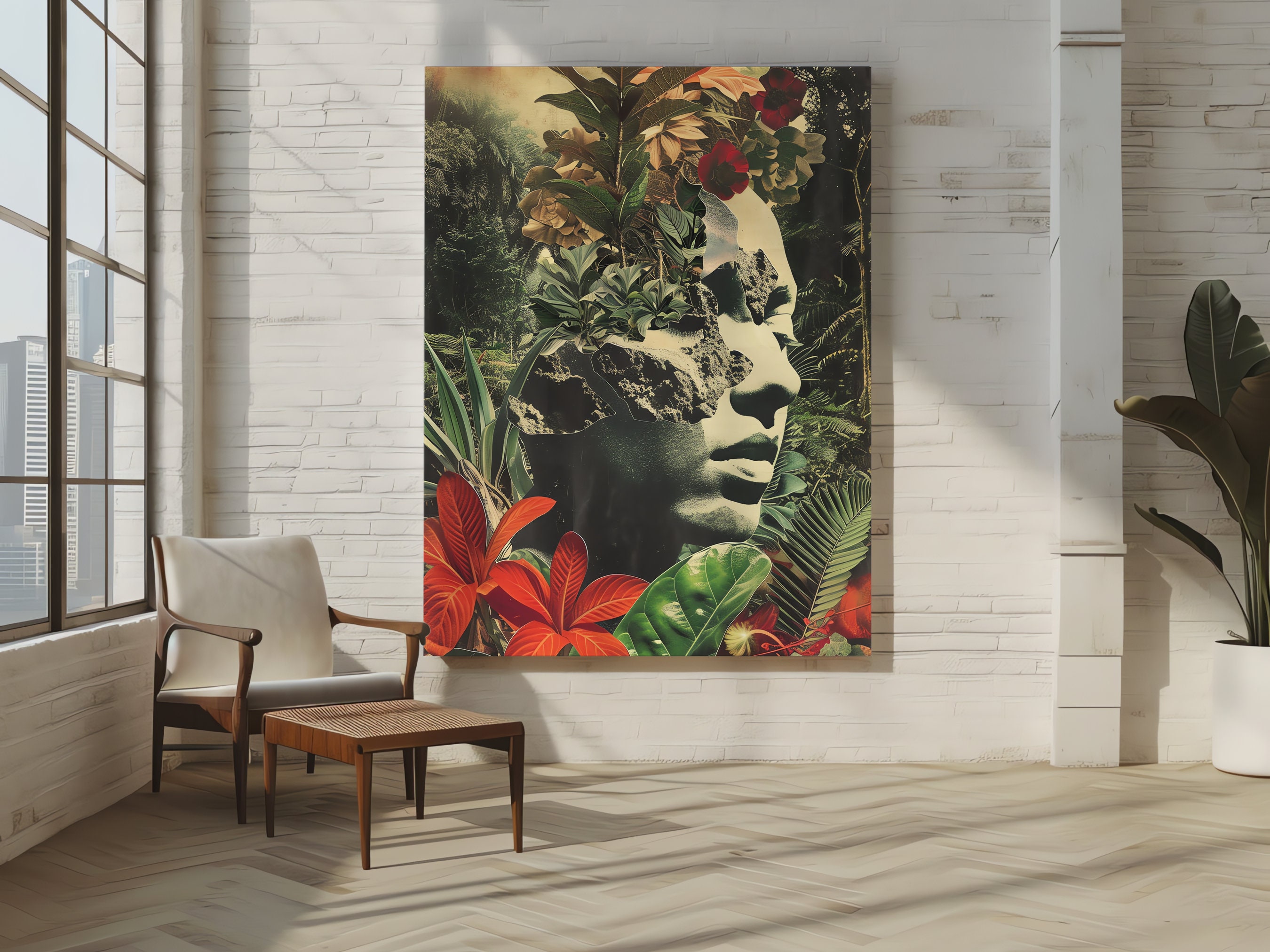 Maximalist Magazine Collage Art Canvas Male Portrait & Tropical Flora ...