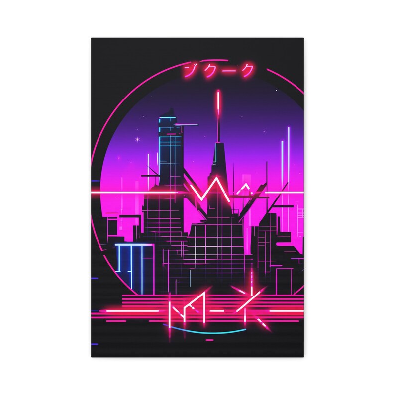 Neon Cyberpunk City Canvas Clock Tower Retrofuturism Synthwave Art ...