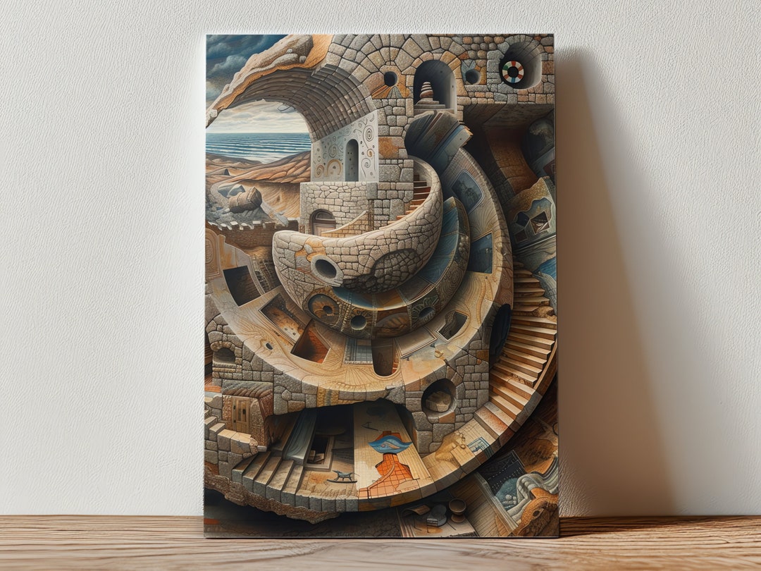 Surrealist Castle Staircase Canvas Detailed Escher-inspired Art ...