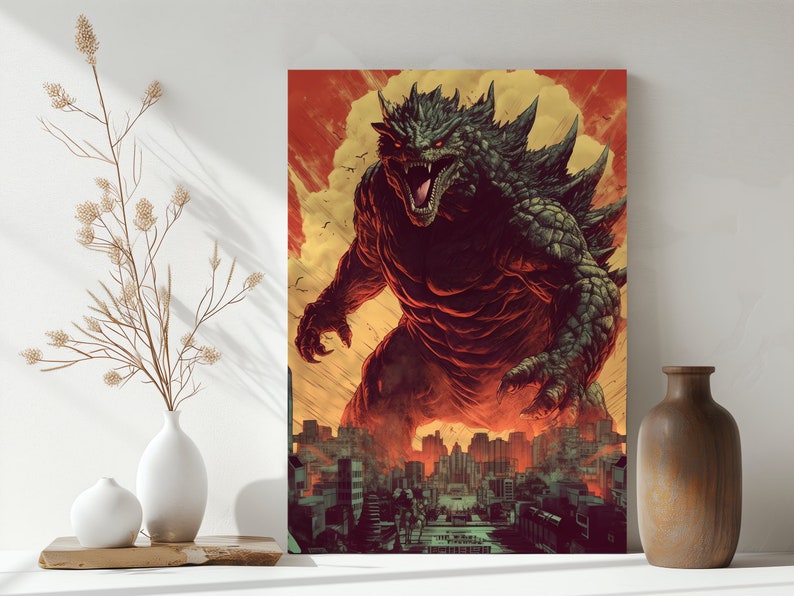 Godzilla City Skyline Canvas Art Comic Panel Style Trending on Pixiv ...