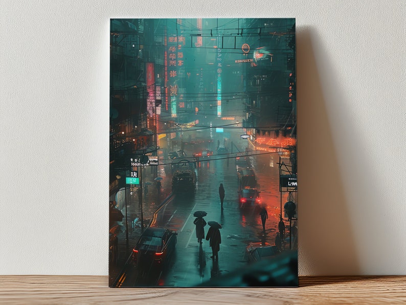 Cyberpunk Rainy Street Canvas Art Retrofuturism Blade Runner Vibe Neon ...