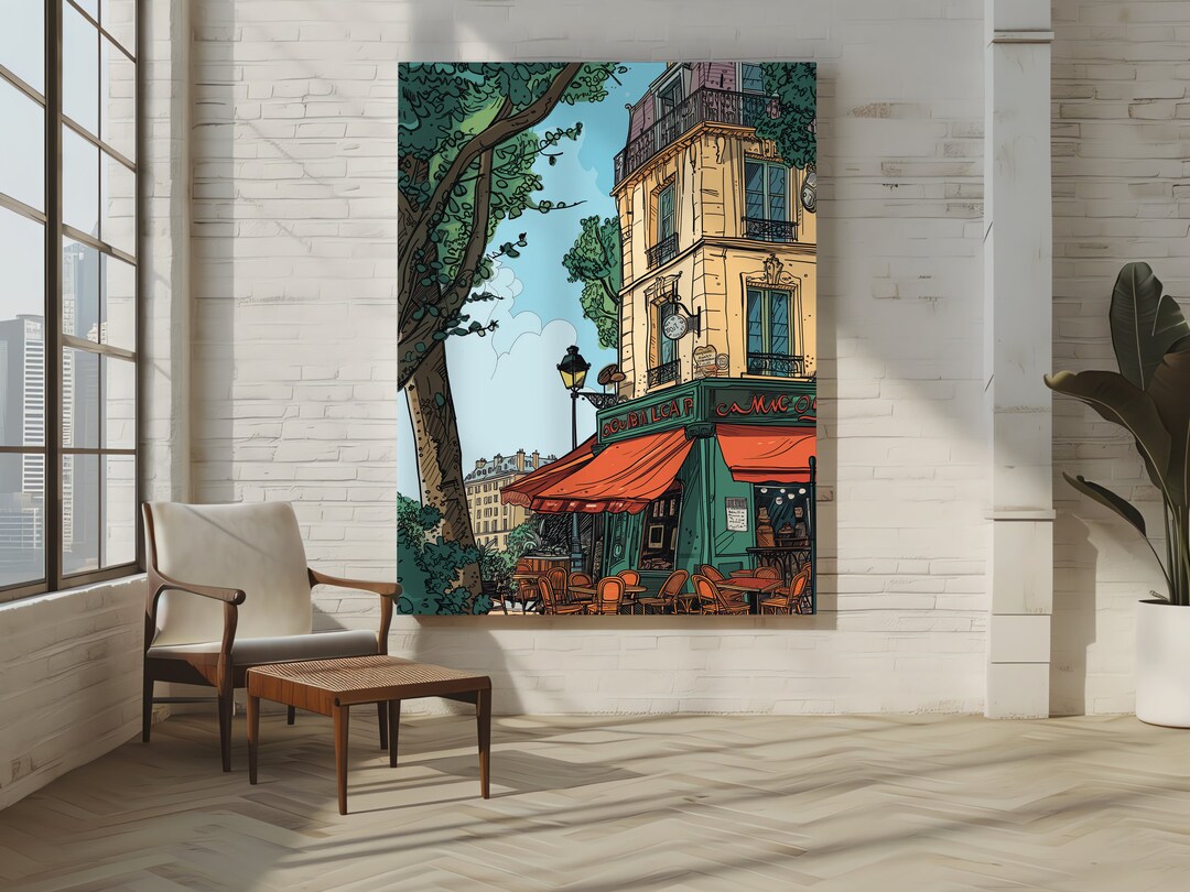 French Comic Art Plein Air Street Scene Restaurant Canvas Drawing Comic ...