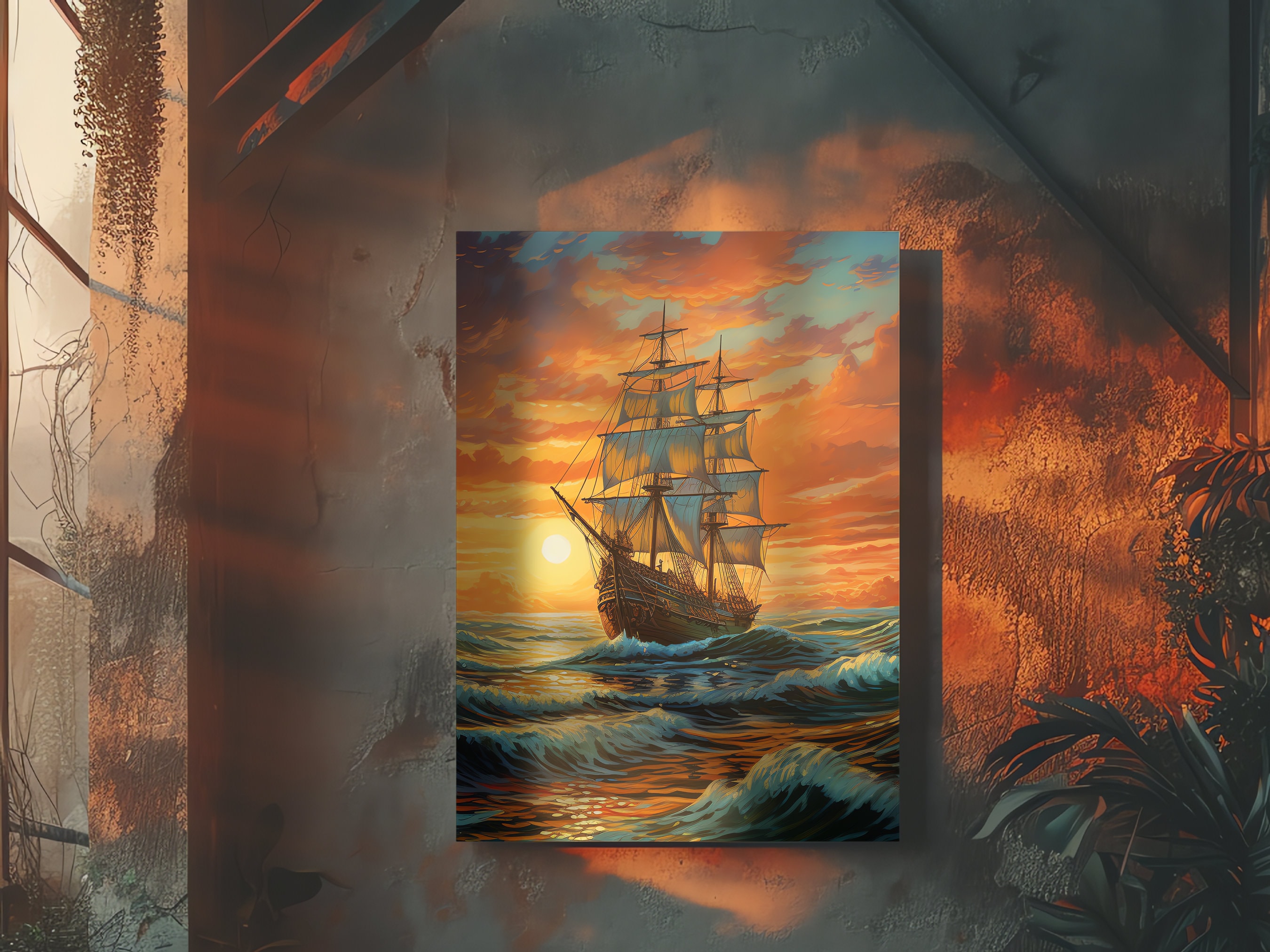 Marine Fantasy Art Canvas: Ornate Ocean Backdrop With Sailboat, Antique ...