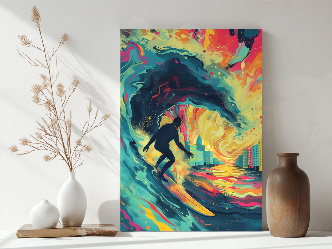 Psychedelic Wave Surfing Poster Art Vibrant Watercolor Canvas Surfer ...