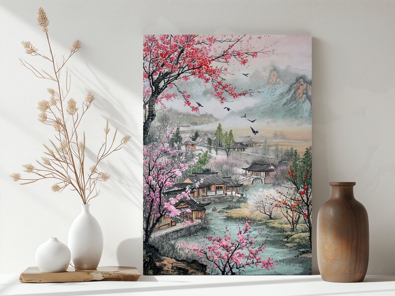 Oriental Cloisonnism Birds Flying Over River Matte Painting Chinese Art ...