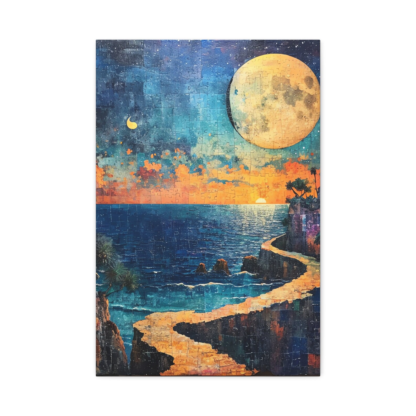 Full Moon Over Ocean Puzzle Art Canvas Kinetic Pointillism Technique ...