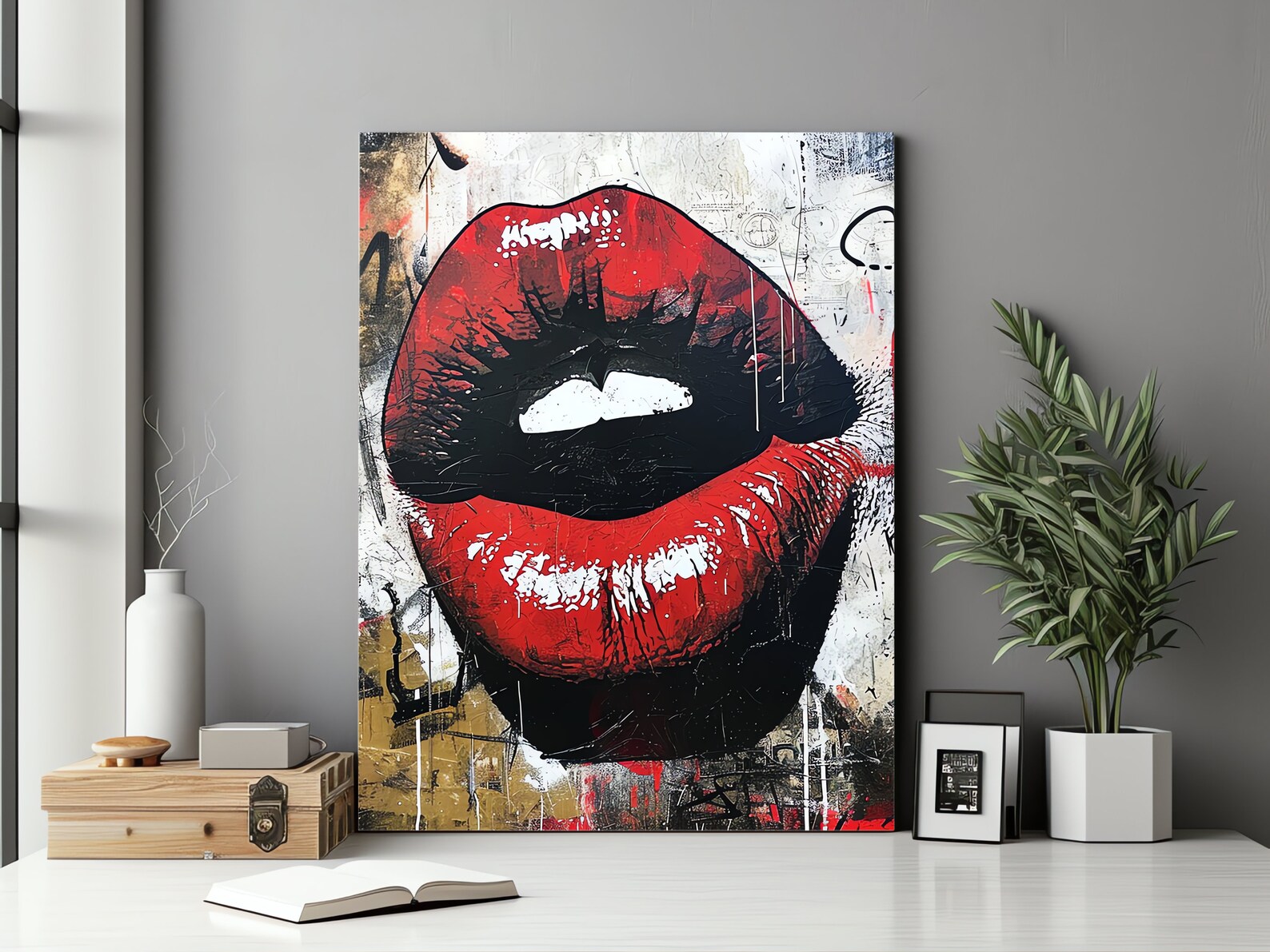 Graffiti-inspired Red Lips Canvas Art Detailed Face Portrait Urban ...