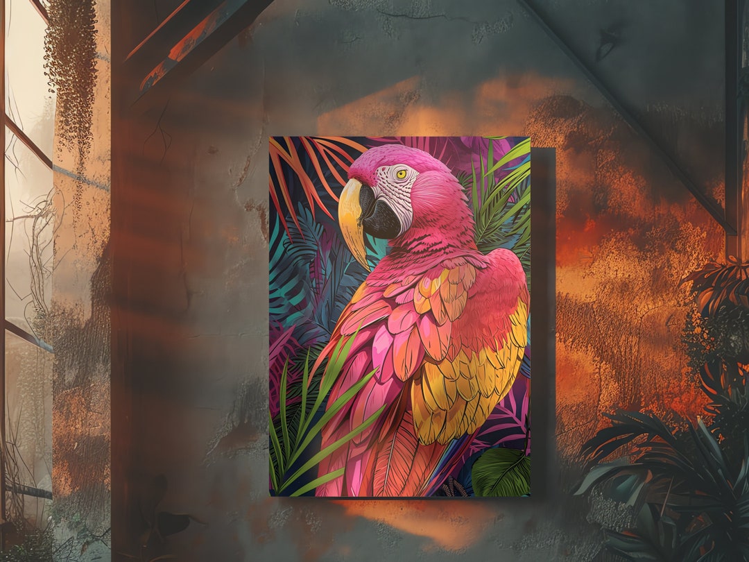 Vibrant Parrot Artwork Exotic Bird Illustration Green Foliage Canvas ...