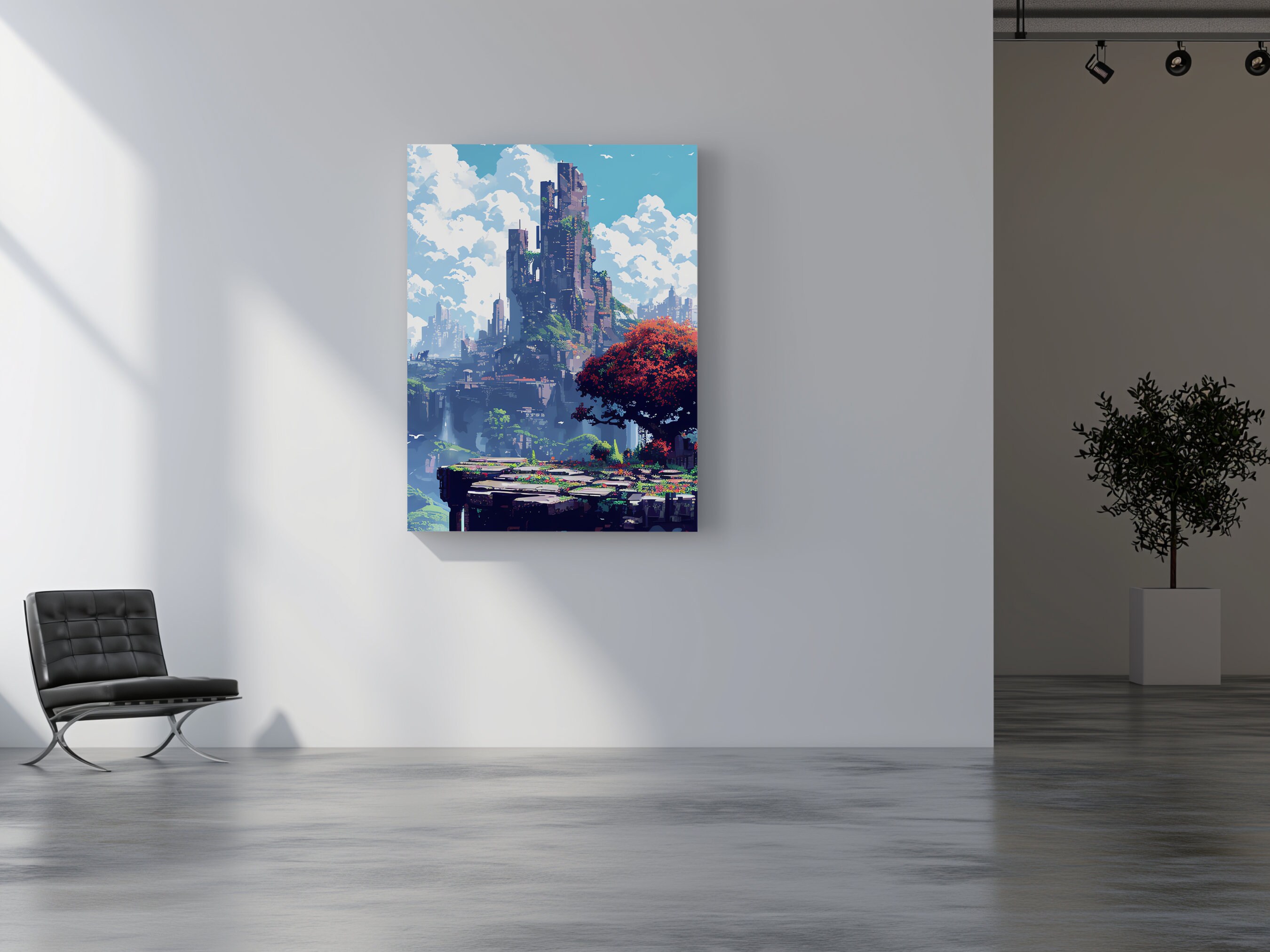 Cliffside Castle Pixel Art Scenic Matte Painting Detailed Tree & Castle ...