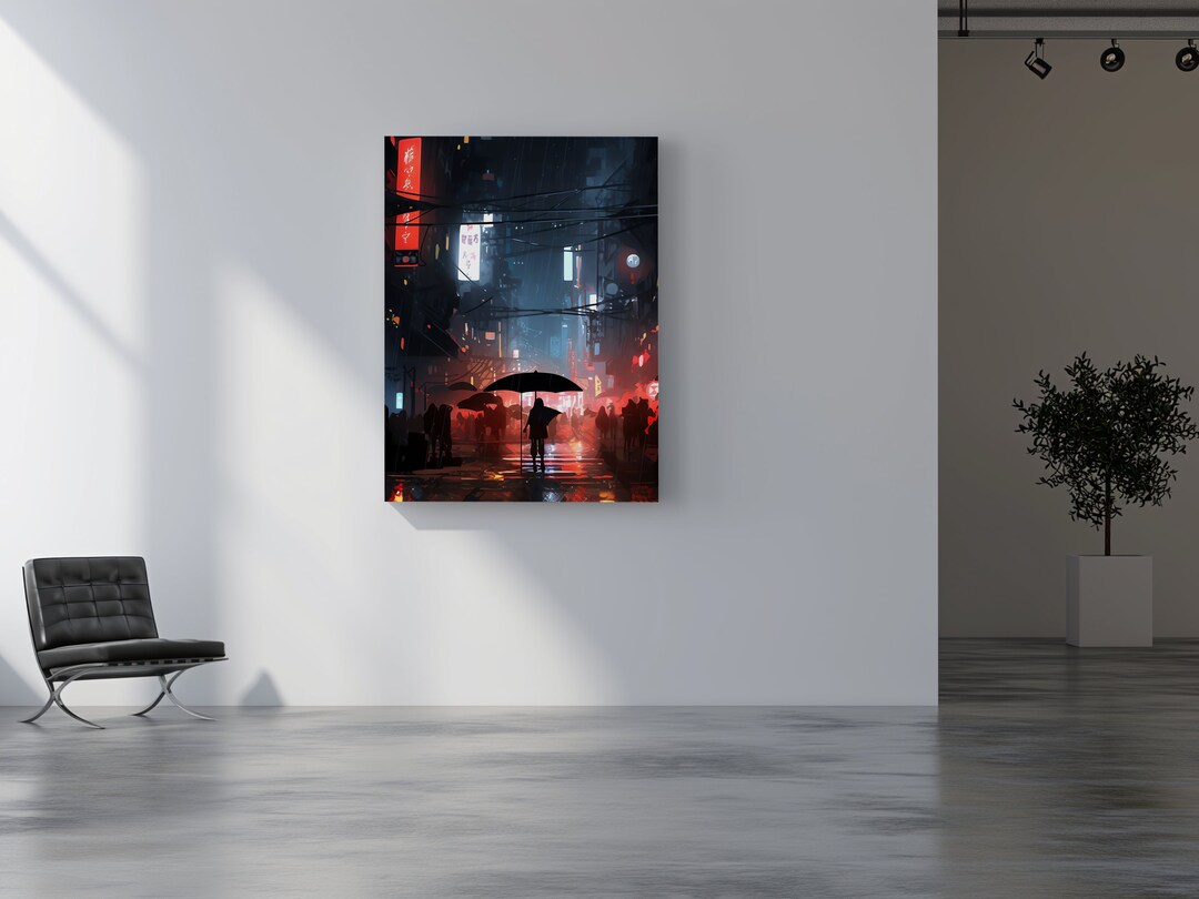 Cyberpunk Fantasy Neon Rainy City Scene Canvas Wall Art 9x4 2x2 ...