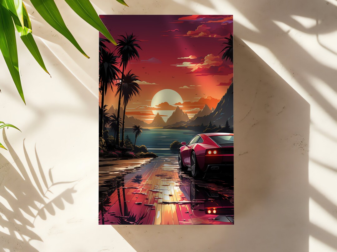 Red Sports Car Vector Art Outrun Style & Colors Computer-generated ...