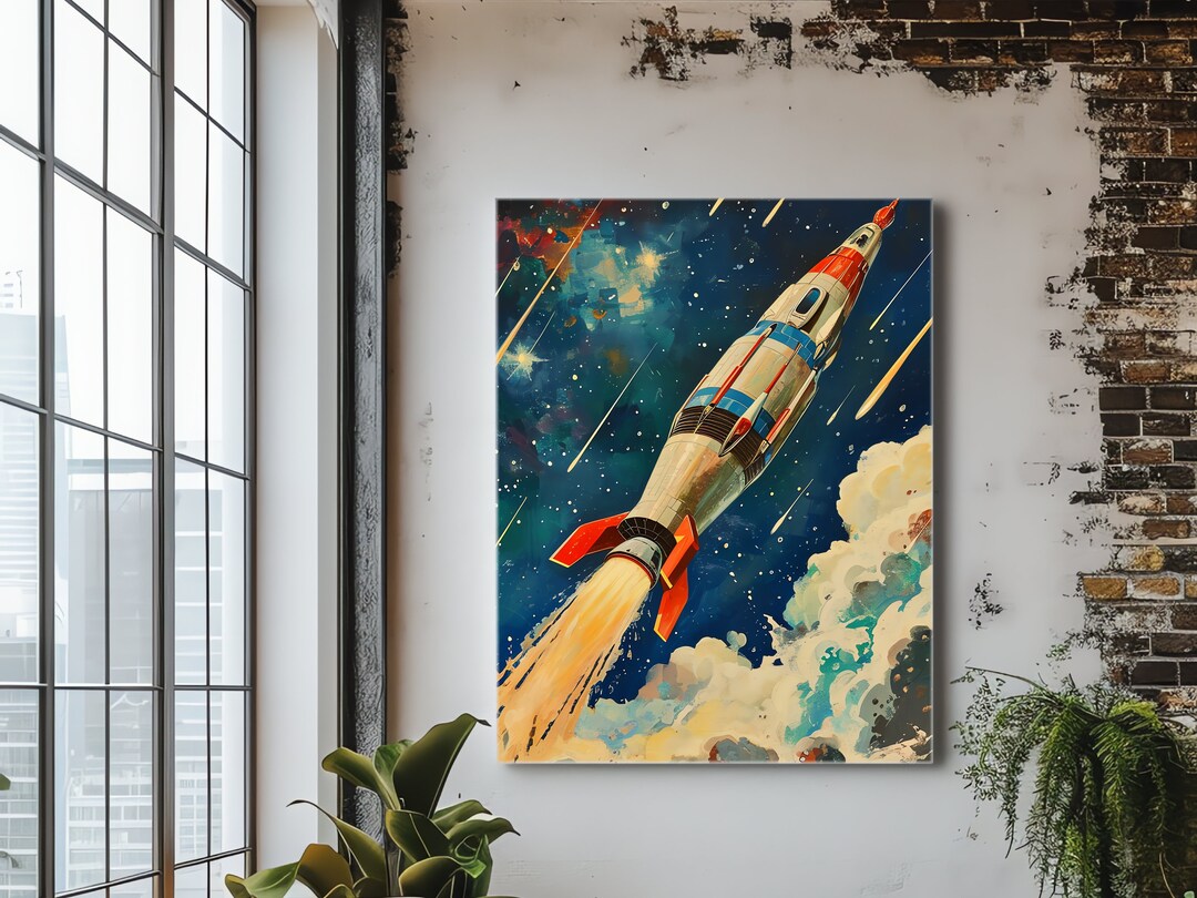 Retro Futurism Rocket Sky Canvas Ultrafine Detail Space Art Vintage Sci ...