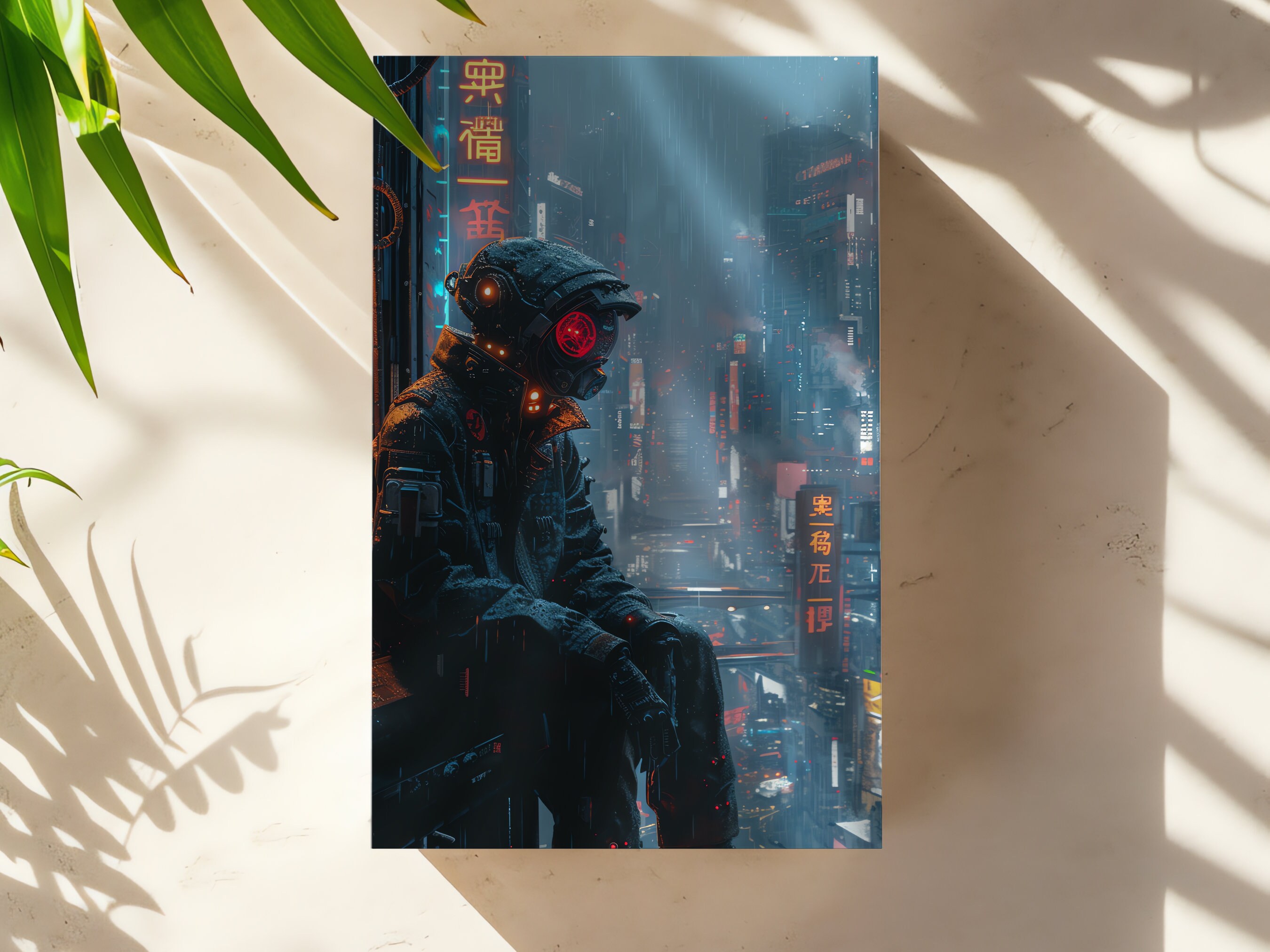 Cyberpunk Rain Ledge 8K Resolution Canvas Art Retrofuturism Style Ultra ...